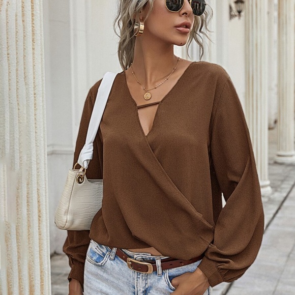 Tops | Overlap V Neck Button Cuff Long Sleeve Blouse | Poshmark